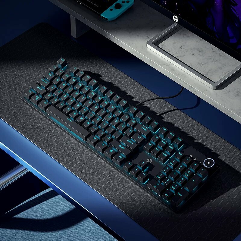 HP K10G Механическая клавиатура и мышь с синими переключателями, черный, ледяной синий свет обновленная модель