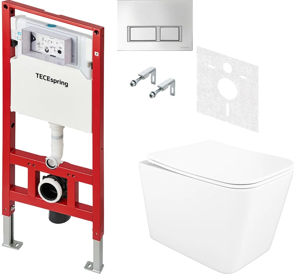 Комплект 5 в 1 Унитаз подвесной STWORKI Молде S23401WH / Инсталляция с кнопкой TECE TECEspring S401201 / Крышка-сиденье, Комплект шумоизоляции