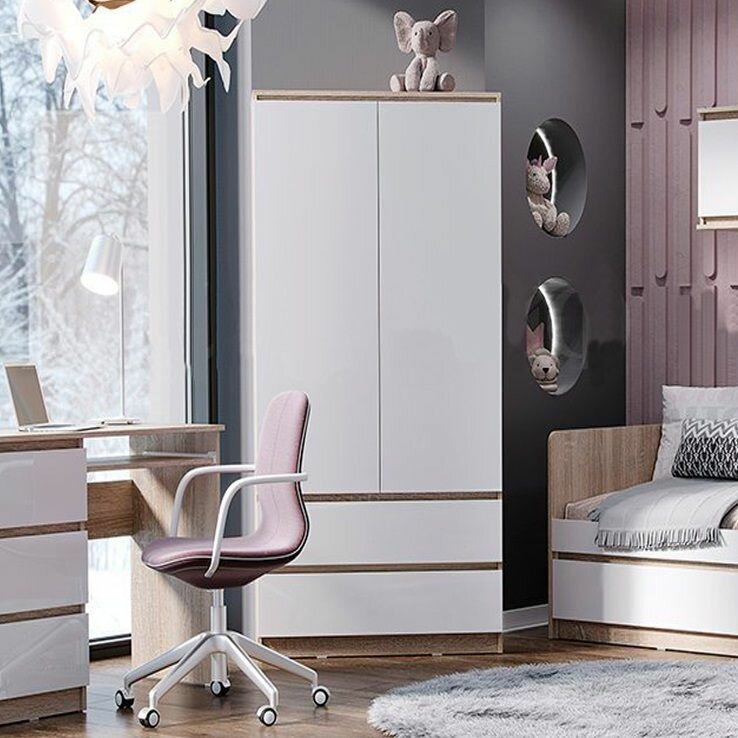 Шкаф для одежды распашной с ящиками Челси, с полками и штангой в прихожую, детскую, гостиную, 90.2х51.4х179.6 см, Дуб сонома/Белый глянец