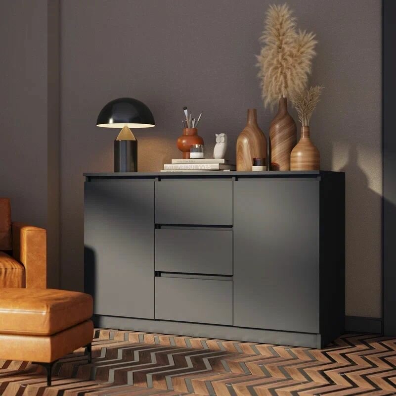 Комод с ящиками и дверцами для одежды и вещей Челси, под телевизор в гостиную, спальню, прихожую в стиле лофт, 120.2х45х76.8 см, Графит