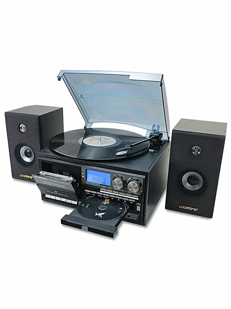 LoopTone Виниловый проигрыватель Внешний динамик 15 Вт 10 в 1 3 скорости Bluetooth ретро CD кассета радио AM FM USB Aux In RCA