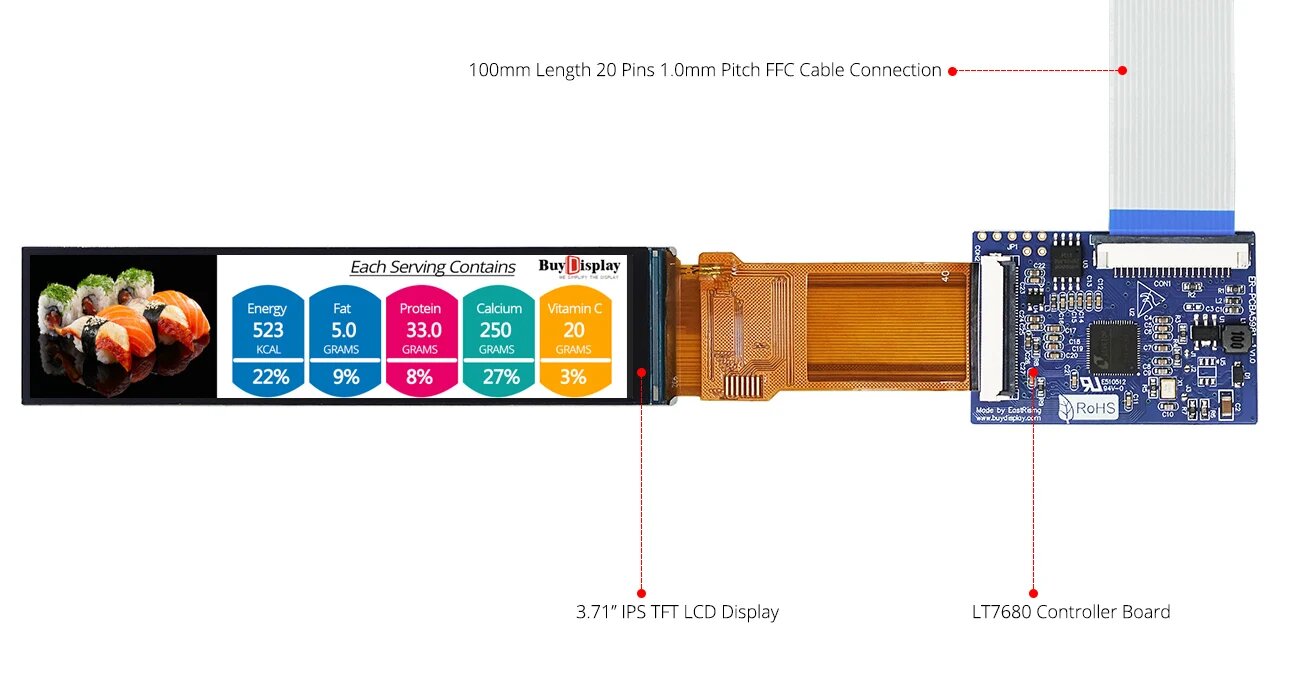 Тип планки 3,71 дюйма 240x960 IPS TFT ЖК-дисплей Интерфейс SPI + RGB Дополнительный емкостный сенсорный экран и плата контроллера