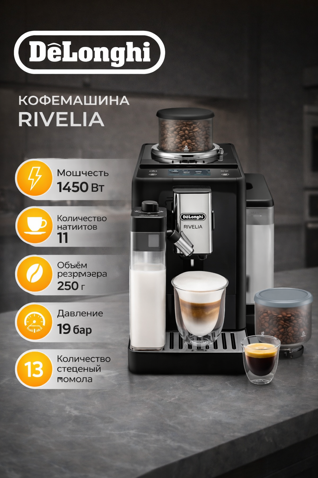 Кофемашина DeLonghi EXAM440.55, мощность 1450Вт, давление 19бар, автоматическая, черная