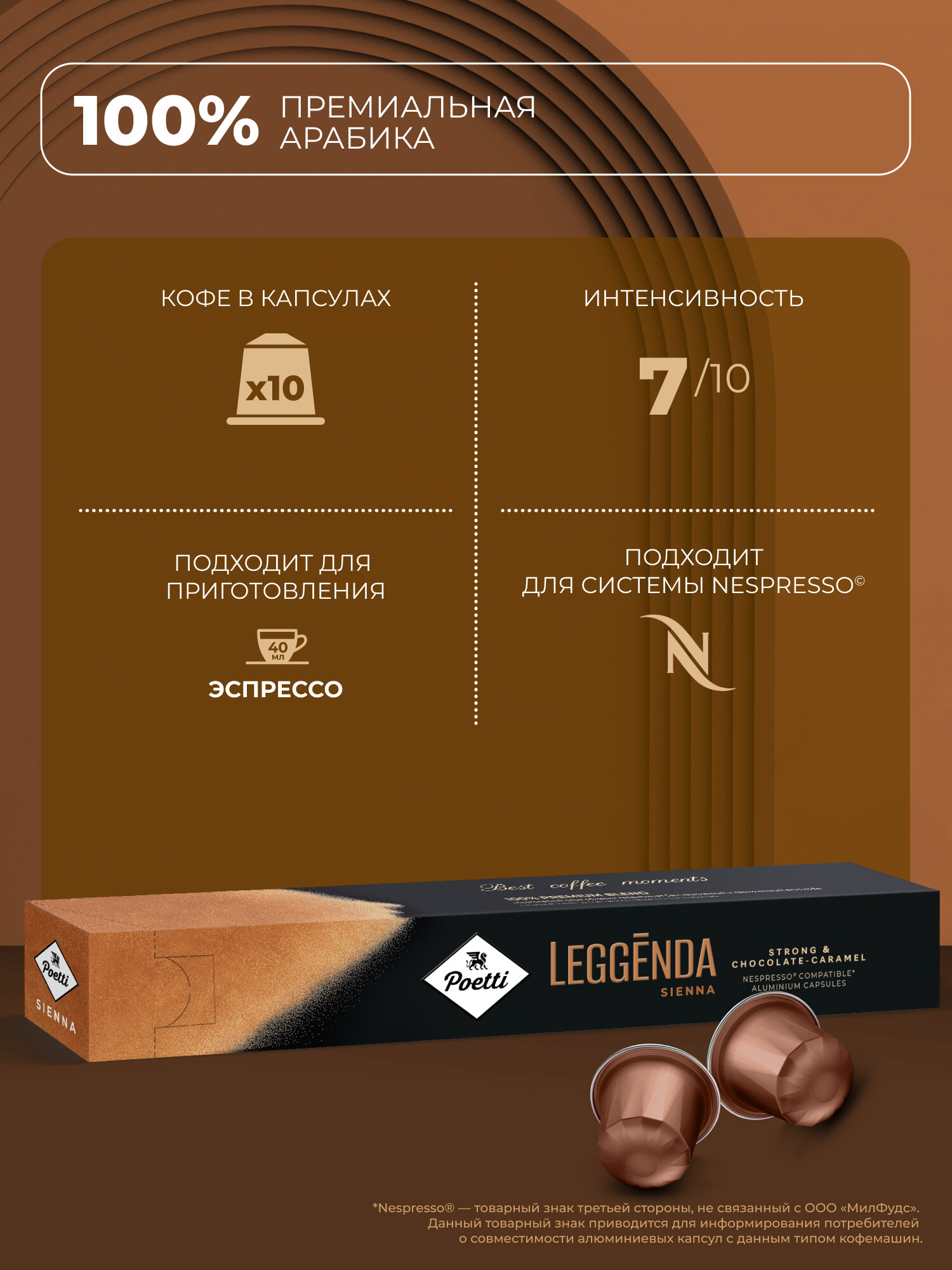 Кофе в капсулах Poetti "Leggenda Sienna", 10шт, арабика, интенсивность 5-7