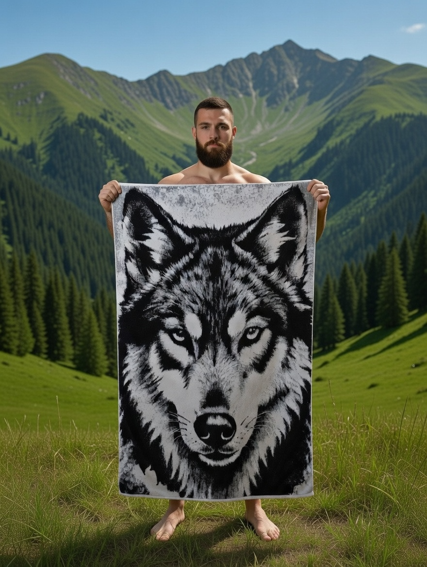 Полотенце банное 100х150 махровое Волк, 100% хлопок, большое, для мужчин