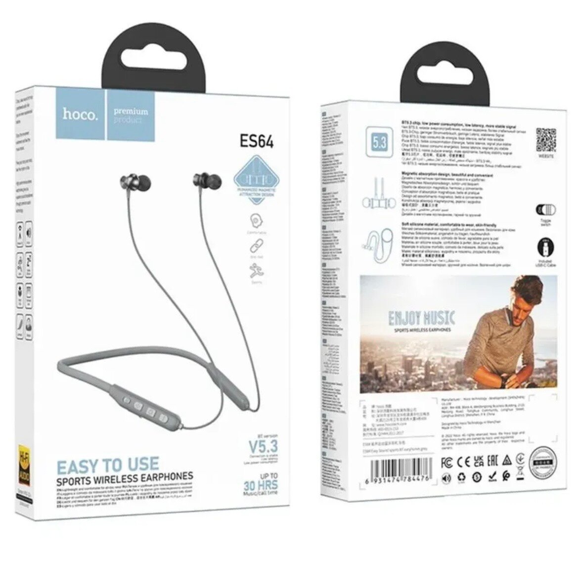 Наушники Hoco ES64 Bluetooth 5.3, спортивные, беспроводные, серые