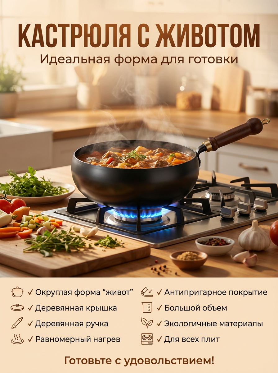 Сковорода Wok "С деревянной крышкой", чугун, 24 см, антипригарное покрытие