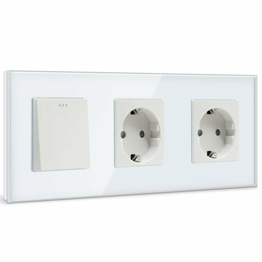 Розетка с одноклавишным механический выключателем, 3 поста, 1 клавиша 2 розетки, рамка стекло Белая 228mm