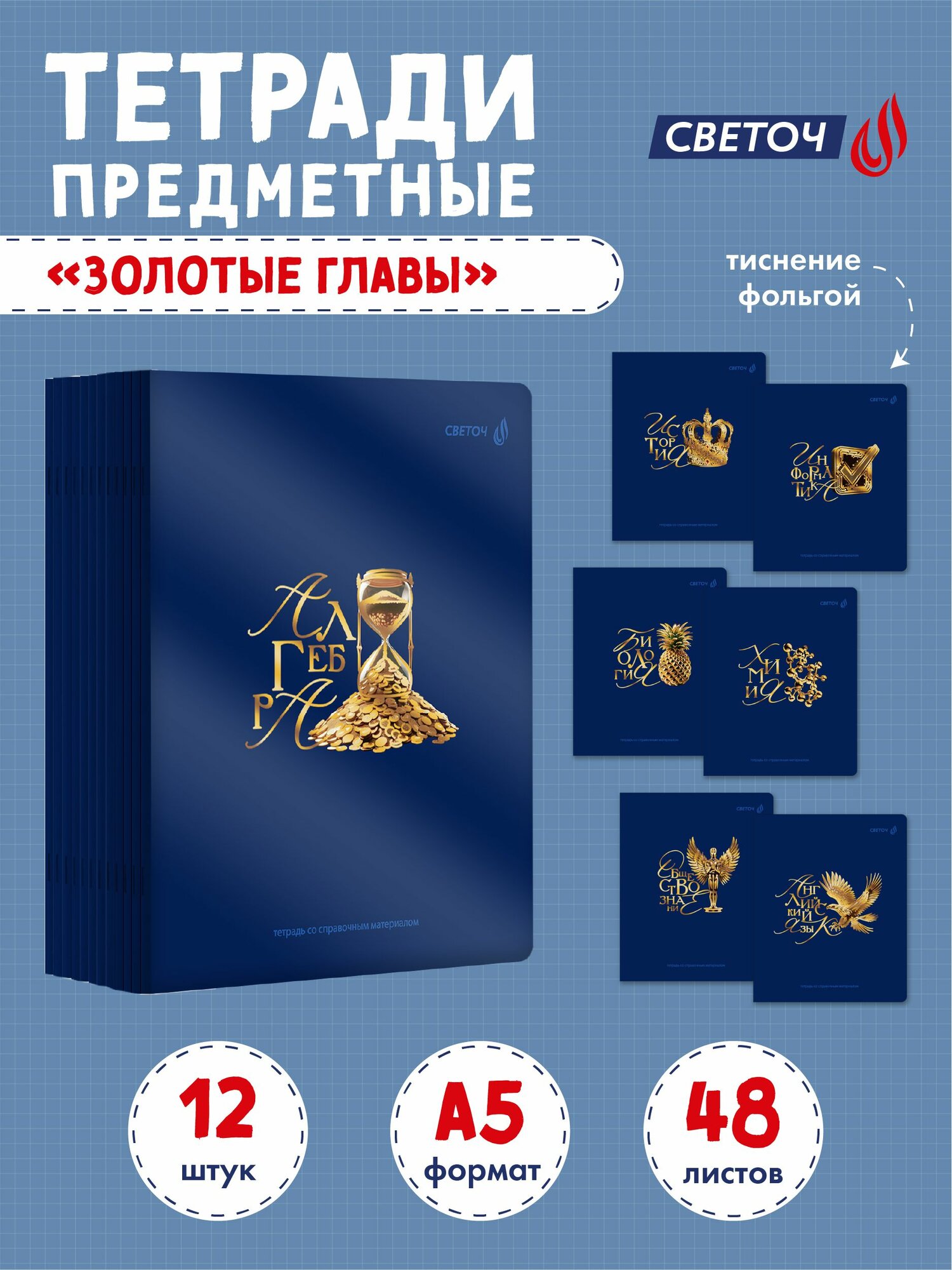 Тетради предметные 12 штук комплект 48 листов в клетку/линия Светоч со справочным материалом "Золотые главы", 12 предметов