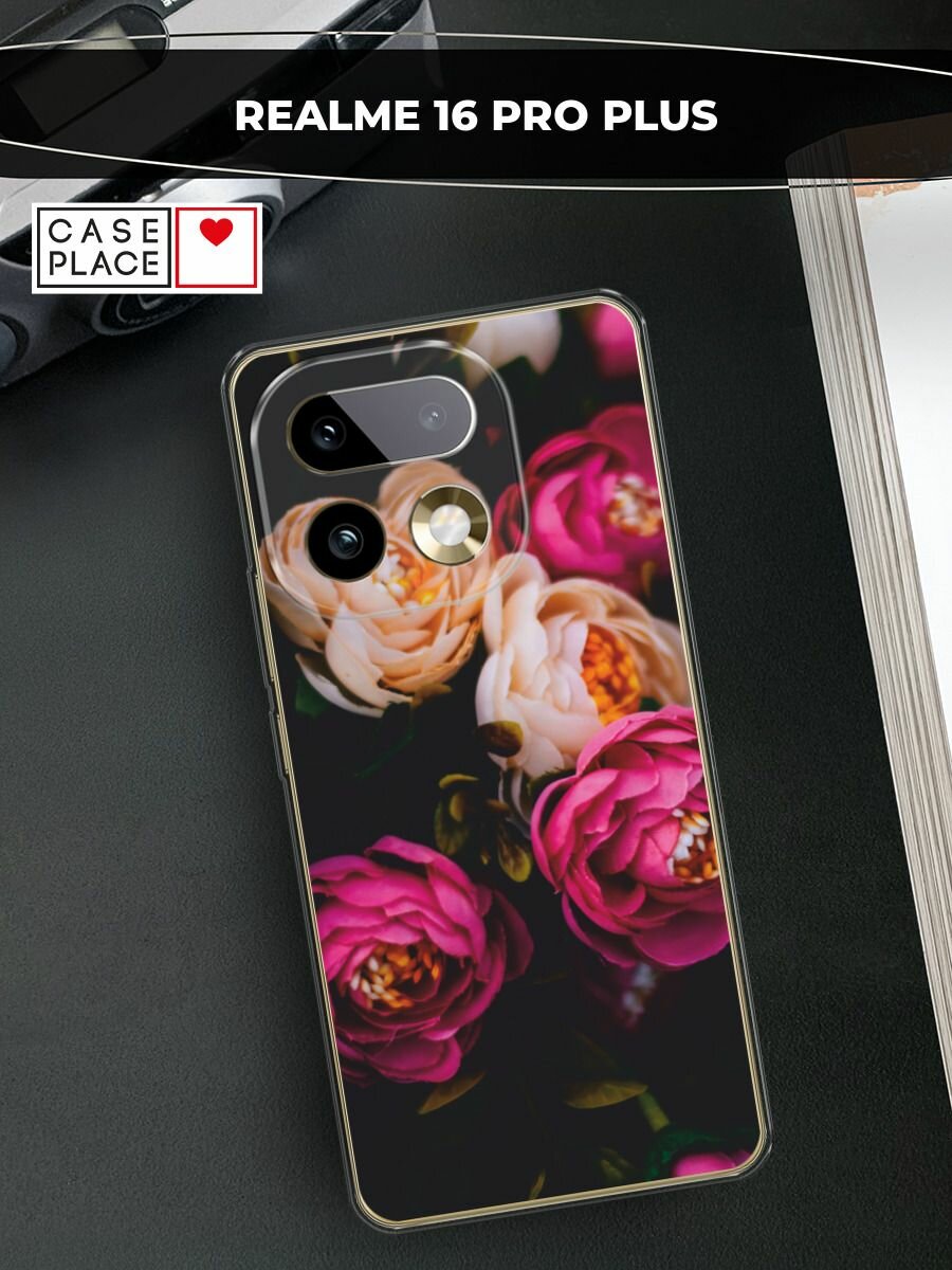 Чехол на Realme 16 Pro+ / Реалме 16 Про+ с принтом Розовые пионы на черном