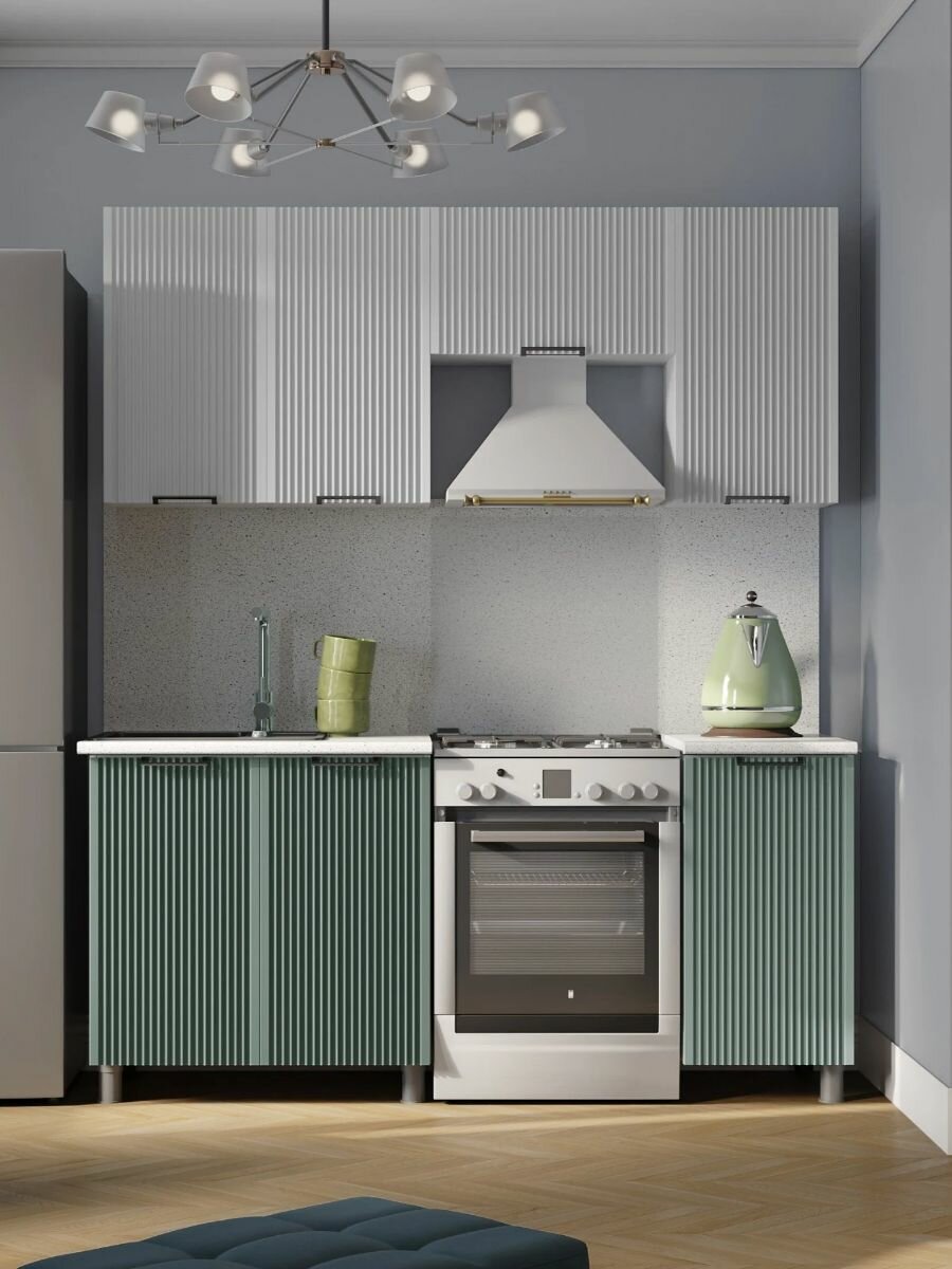 Кухонный гарнитур (кухня) Кампео 1.8 м с окапом, ЛДСП/МДФ, Белый/Белый снег/Бриз, 1800х2160х430, тэкс