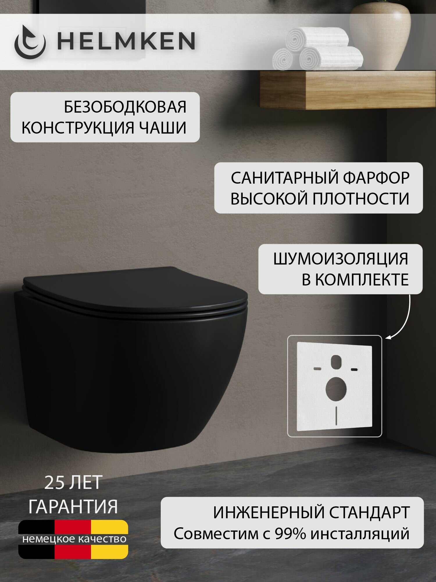 Унитаз подвесной безободковый Helmken 35103001B комплект 2 в 1: подвесная чаша унитаза с сиденьем микролифт и шумоизоляцией, черный матовый