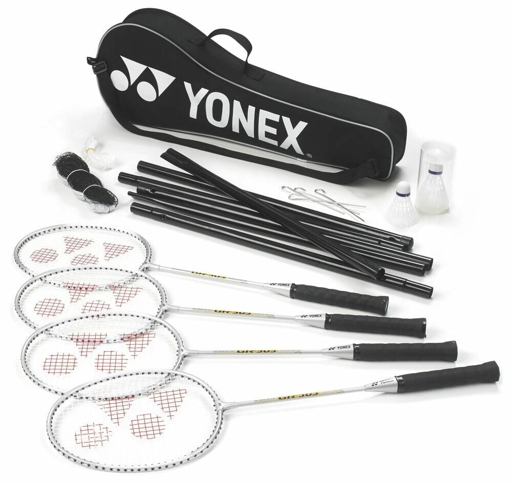DECATHLON Ракетка для бадминтона Yonex, серебристый, 4 ракетки, 2 волана, сетка, стойка, чехол, вес 2 кг