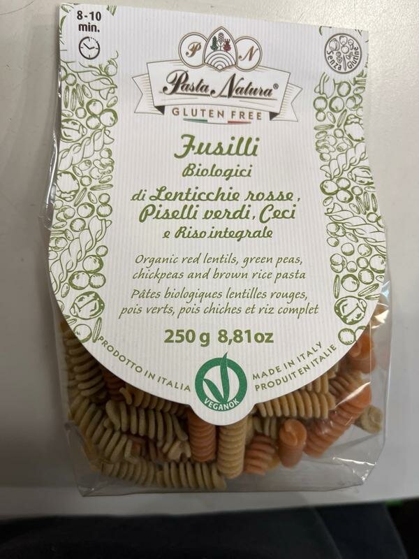Фузилли из красной чечевицы, цельнозернового риса и горошка безглютеновые БИО PASTA NATURA 250 г