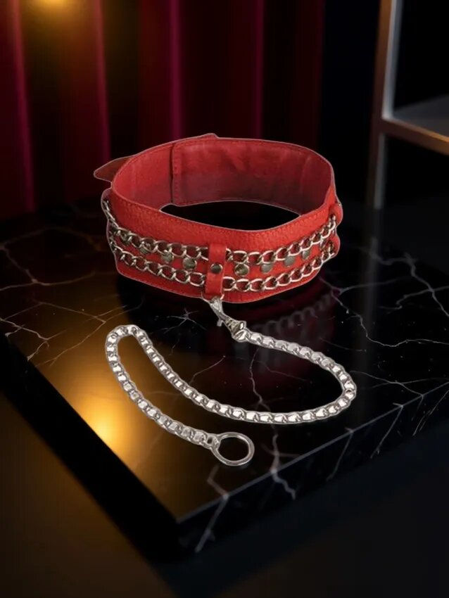 Ошейник с цепью Sitabella collection, кожа красный