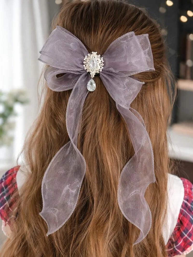 Блестящий Бант тёмно - серый, заколка с бантиком для волос