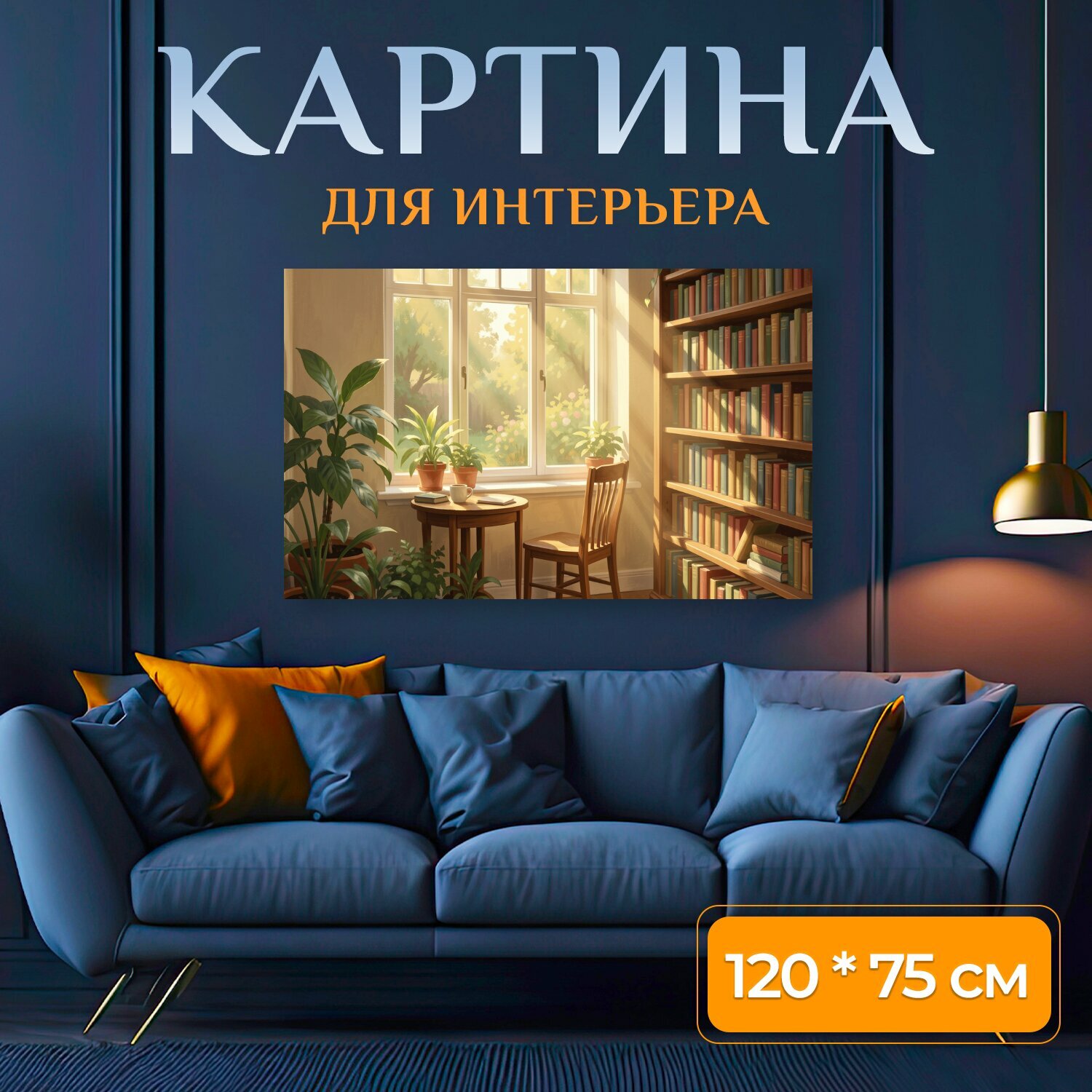 Картина на холсте "Уютная библиотека у окна. Светлая домашняя комната в теплых бежевых тонах, солнечные лучи через большое окно, книжные." на подрамнике 120х75 см. для интерьера