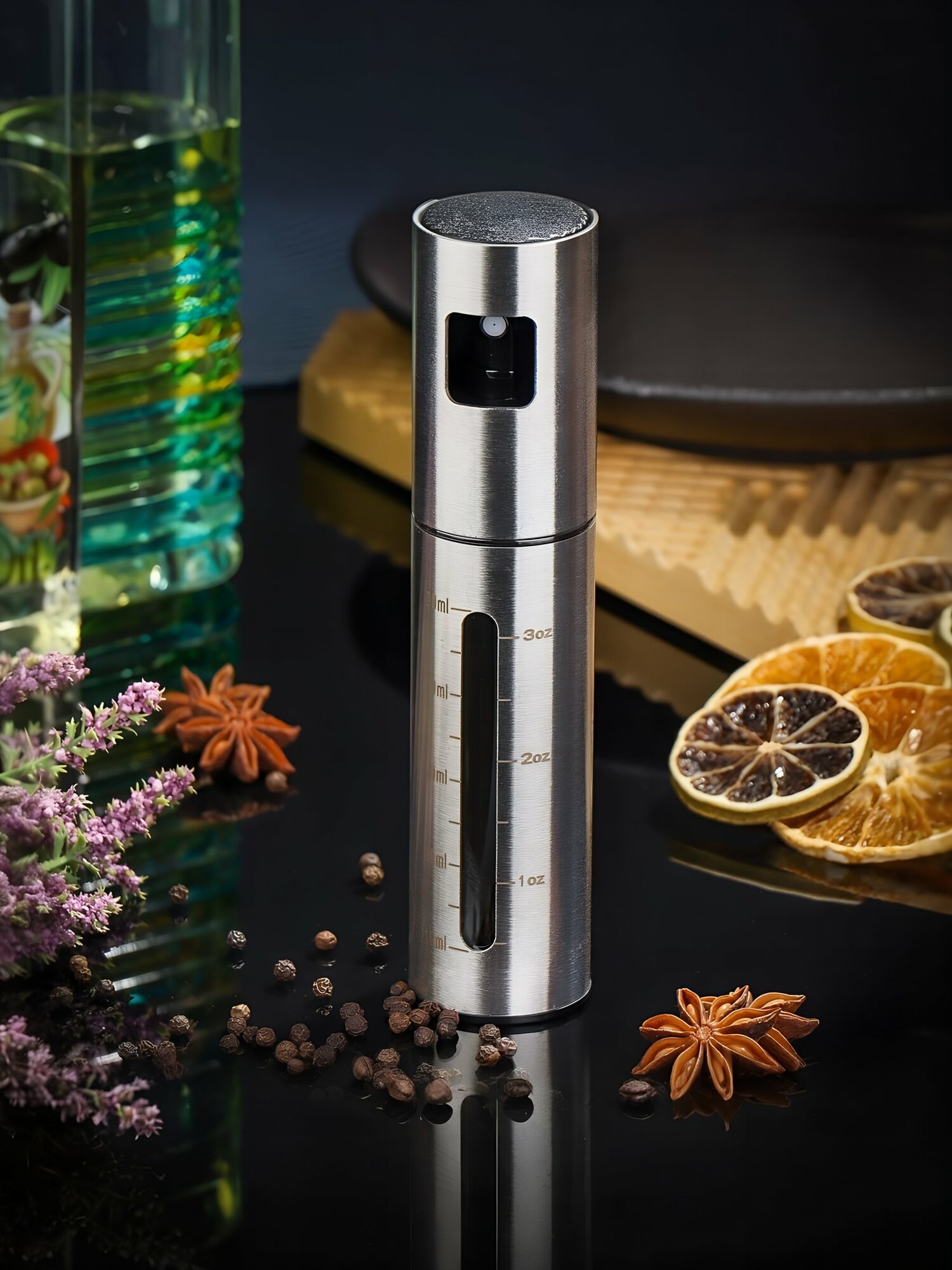 Дозатор-спрей для масла 100 мл из нержавеющей стали и пластика, кухонный распылитель для масла Y4-7170, цвет металлик