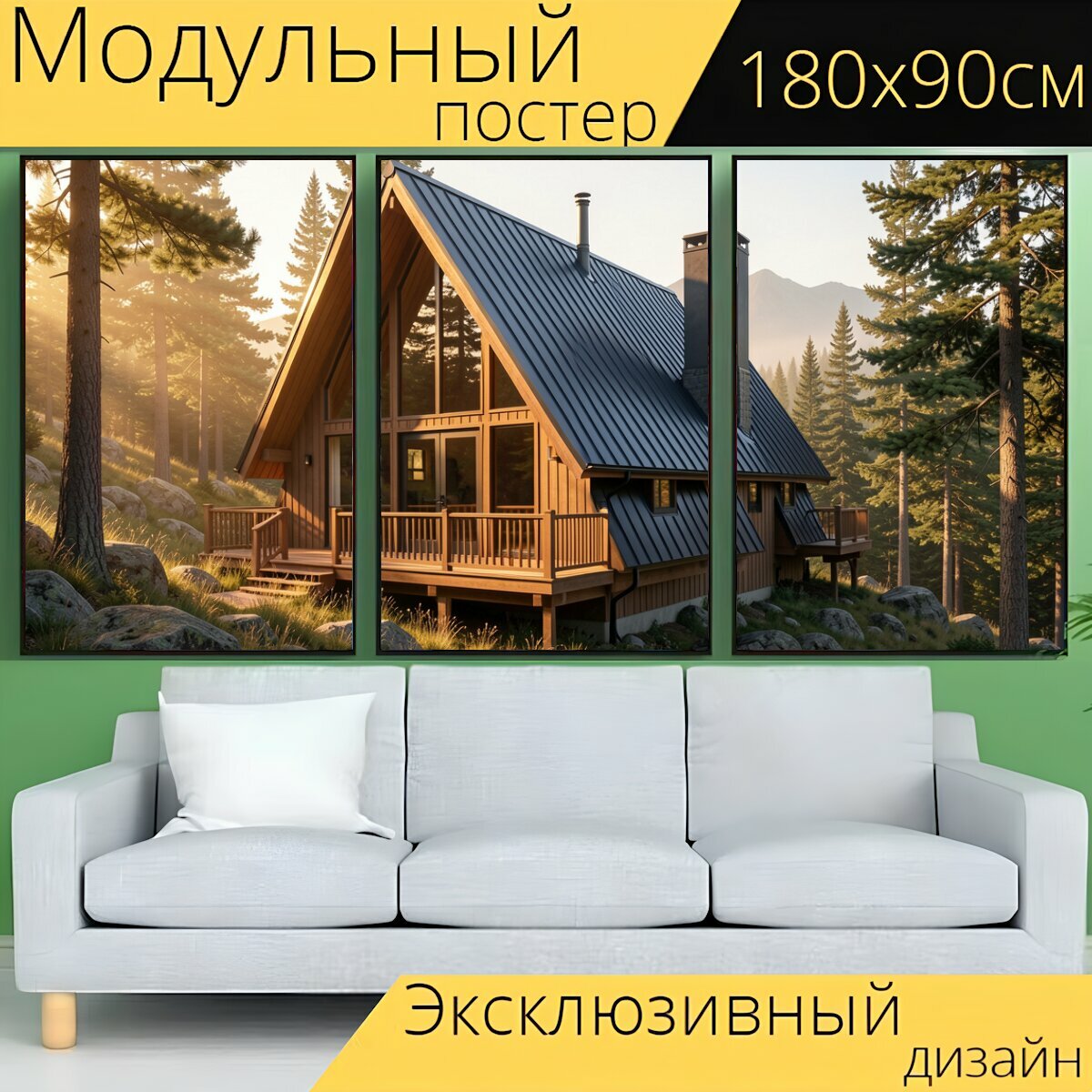 Модульный постер "Дом в хвойном лесу у гор. Уютное деревянное шале среди сосен и камней, с панорамными окнами, металлической крышей и." 180 x 90 см. для интерьера на стену в тубусе