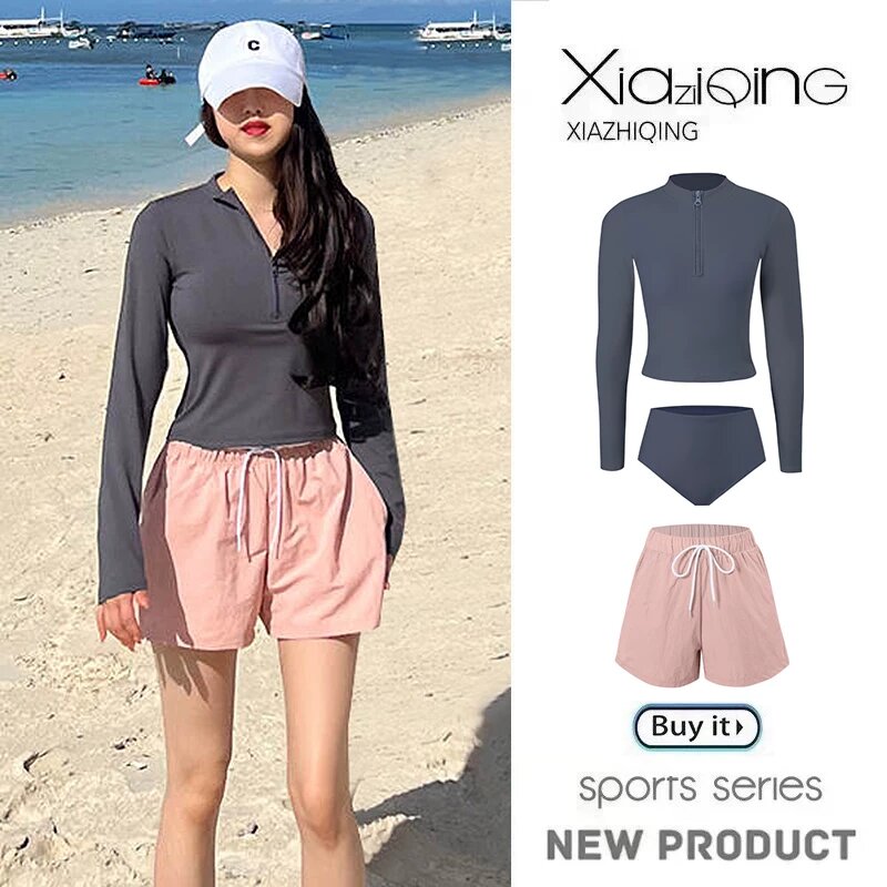 Женский комплект из 2 предметов для плавания: топ и шорты в бежевом и розовом, с защитой от УФ-лучей, быстросохнущая