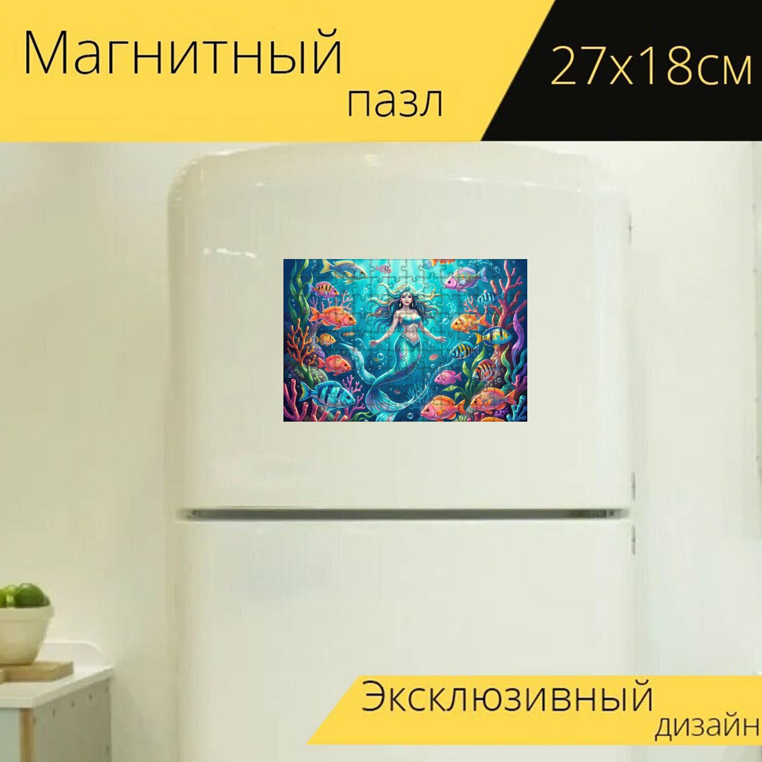 Магнитный пазл "Русалка среди ярких рыб. Фантазийная подводная сцена в стиле яркой цифровой иллюстрации: девушка-русалка среди тропических рыб, кораллов." на холодильник 27 x 18 см.