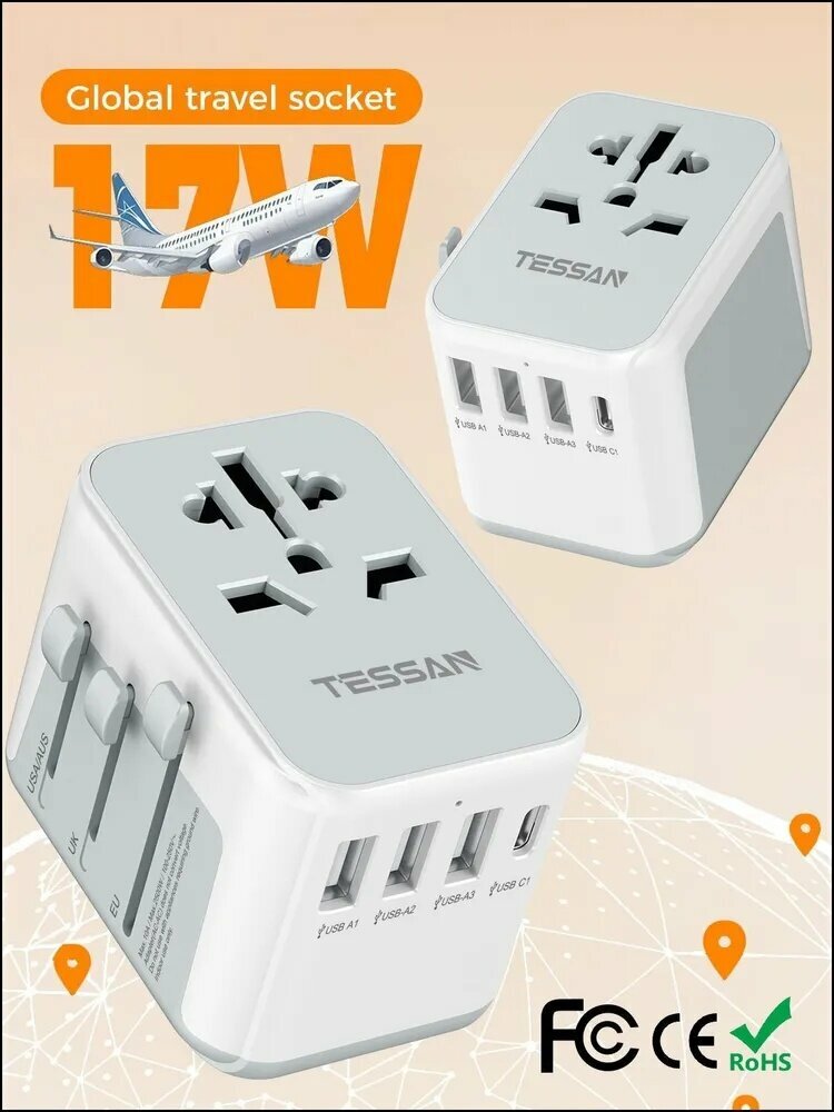 Переходник с китайской вилки на российскую , переходник на евровилку c 3 USB-A,1 USB-C