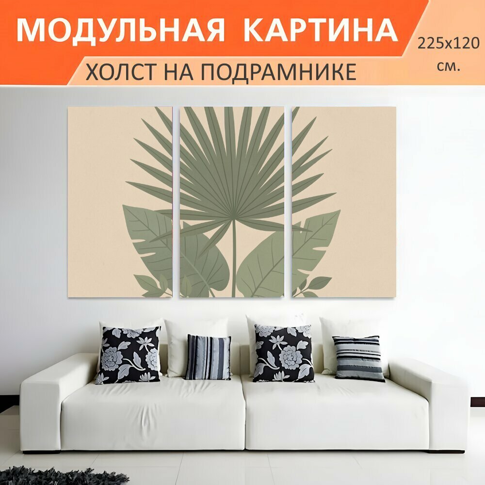 Модульная картина на холсте "Тропические листья на бежевом фоне. Минималистичная ботаническая композиция с крупными веерными и." триптих на подрамнике 225х120 см. для интерьера