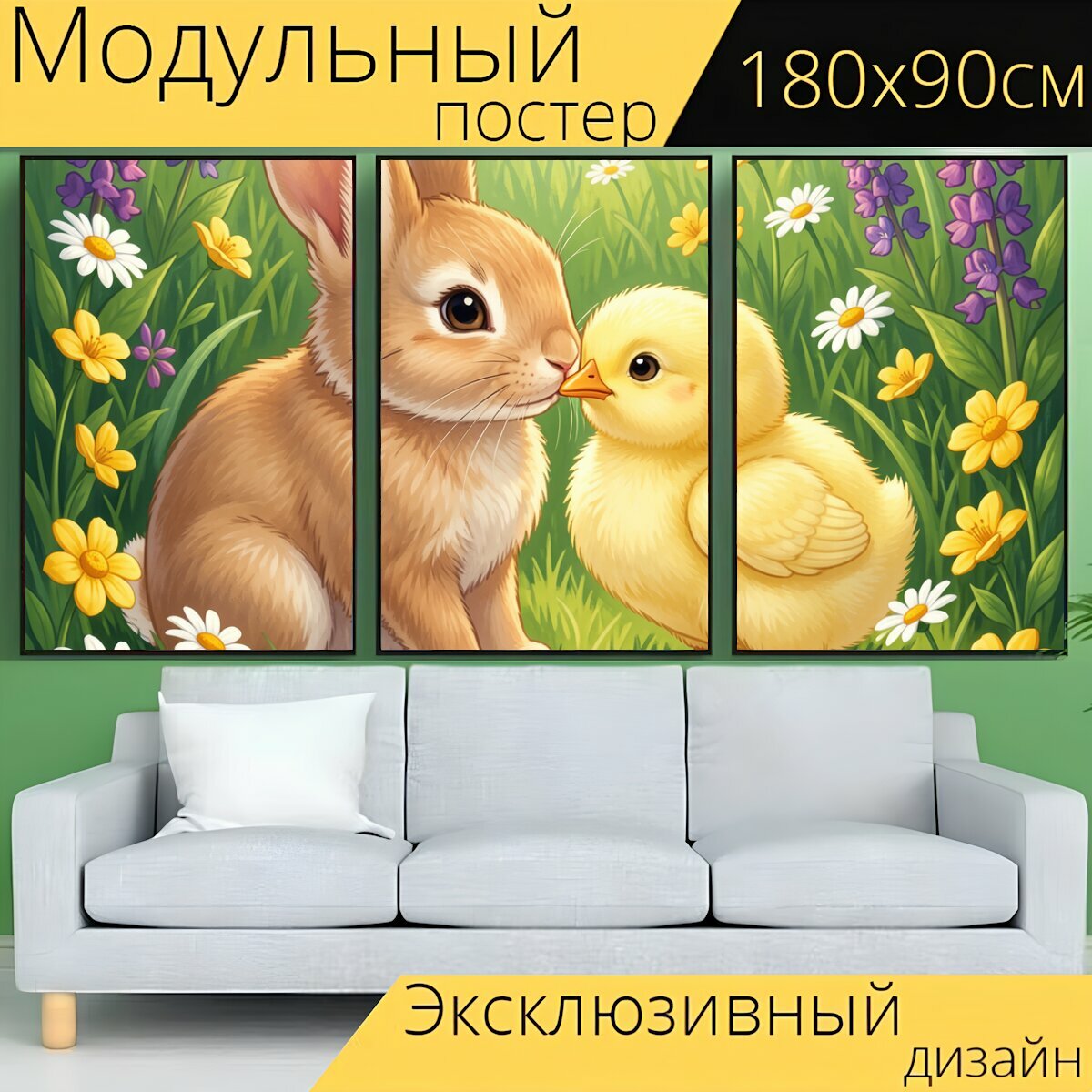 Модульный постер "Зайчонок и цыпленок в цветах. Милые детские персонажи в летнем лугу с ромашками и фиолетовыми колокольчиками, мягкая." 180 x 90 см. для интерьера на стену в тубусе