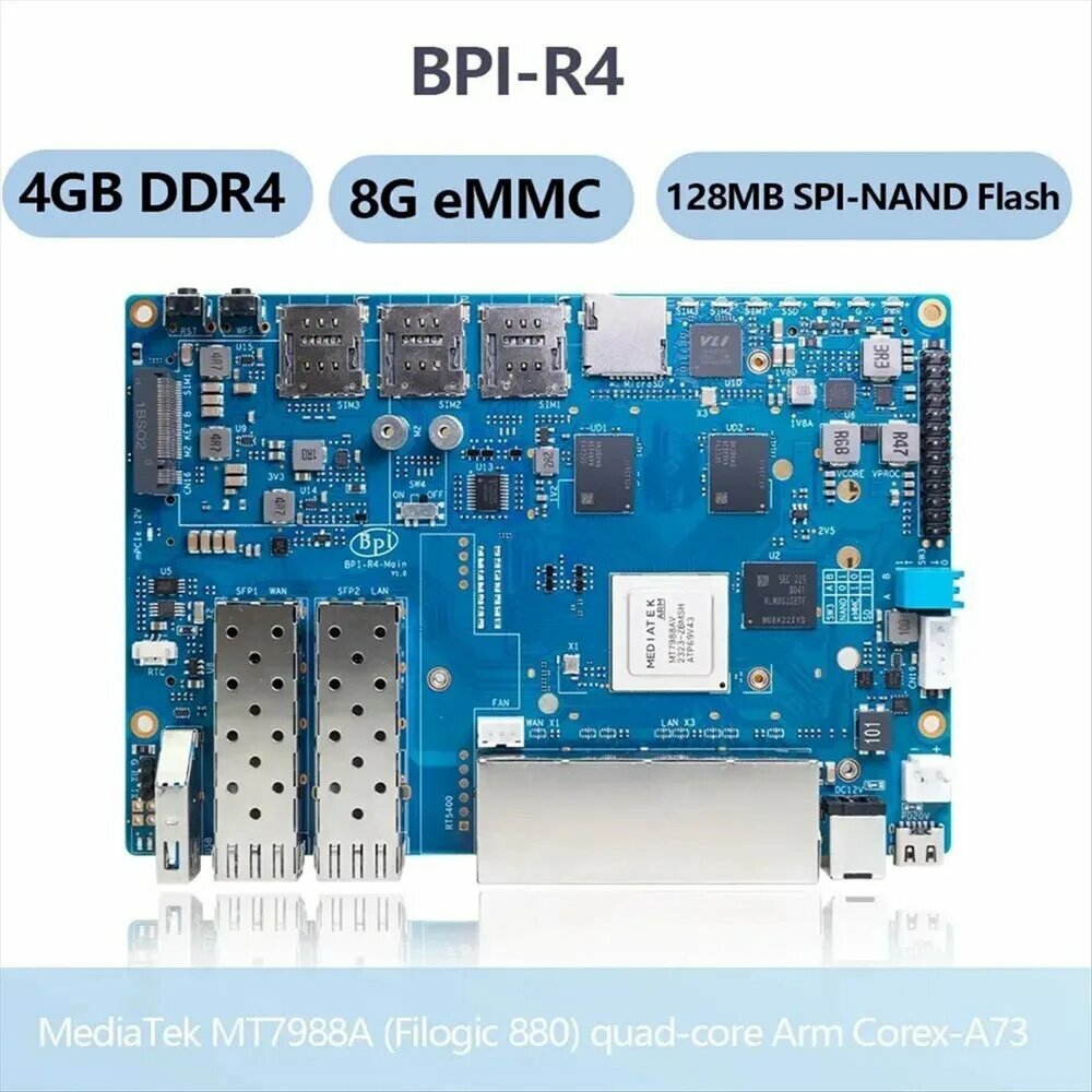 Для платы интеллектуального маршрутизатора Banana Pi BPI-R4 MediaTek MT7988A с четырьмя ядрами