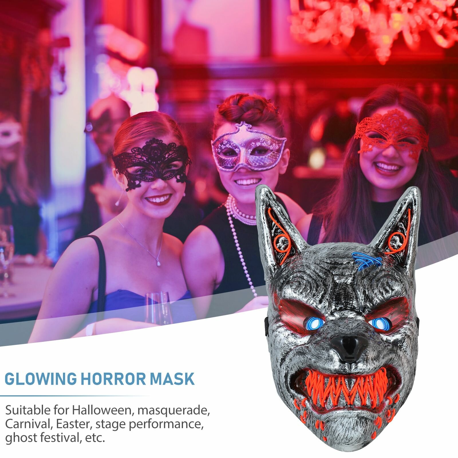 Маска Волка, Светящаяся, Лед-Освещение, Серебряная, Пвх, Для Маскарада, 1Пакет