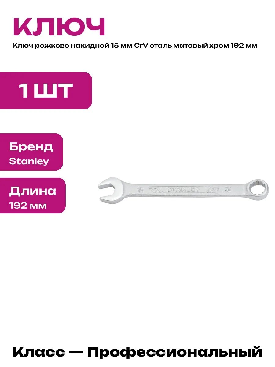 Ключ комбинированный 15мм профессиональный инструмент 192мм