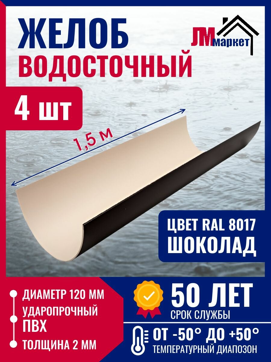Желоб водосточный пластиковый, 6м (1,5м х 4 шт), цвет шоколад RAL 8017, сток воды с крыши, элемент водосточной системы