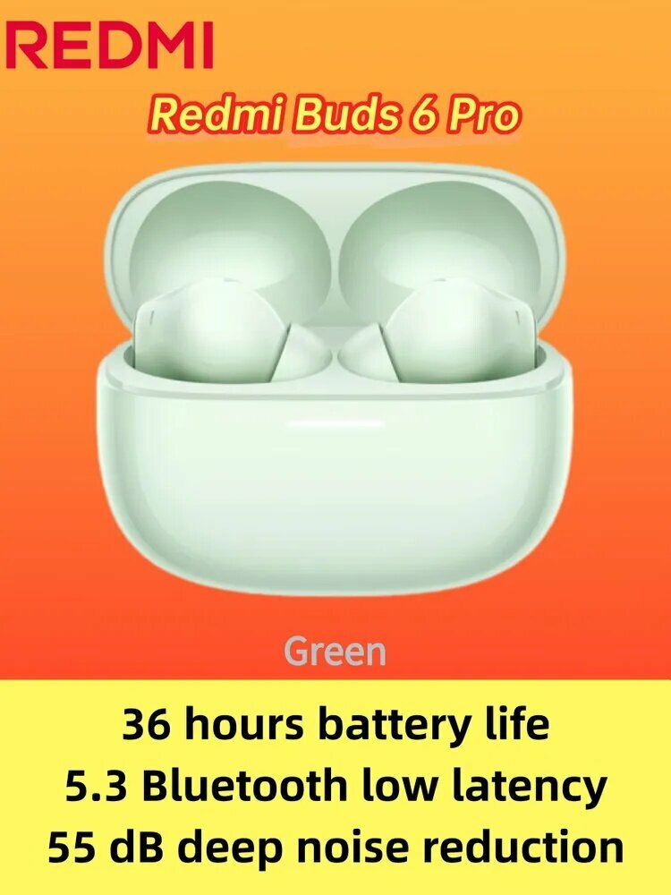 Redmi Наушники беспроводные с микрофоном Redmi Buds 6 Pro, Bluetooth, USB Type-C, зеленый