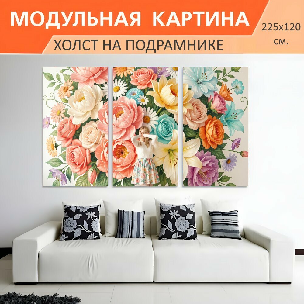 Модульная картина на холсте "Девушка среди ярких цветов. Нежная интерьерная композиция с девушкой у роскошной цветочной стены: пионы." триптих на подрамнике 225х120 см. для интерьера