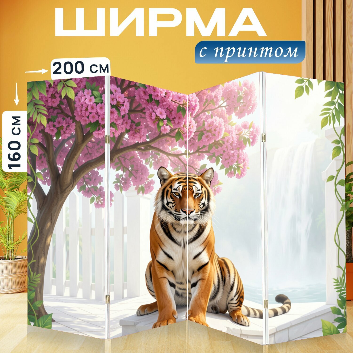 Ширма "Тигр под цветущим деревом. Реалистичный хищник в спокойной позе среди розовых соцветий, зелёной листвы." перегородка для зонирования комнаты с принтом 200x160 см. на холсте