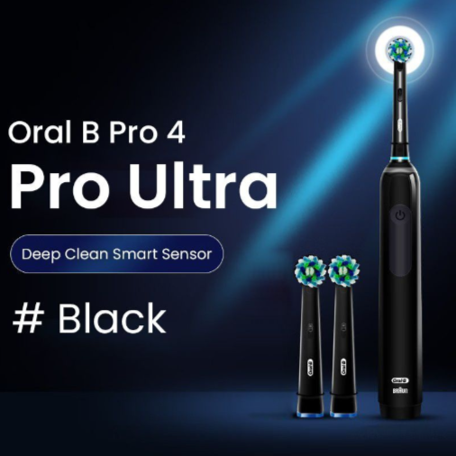 Электрическая зубная щетка Oral-B Pro4 ULTRA, Черная, 4 режима, 3 насадки, таймер, индукционная зарядка