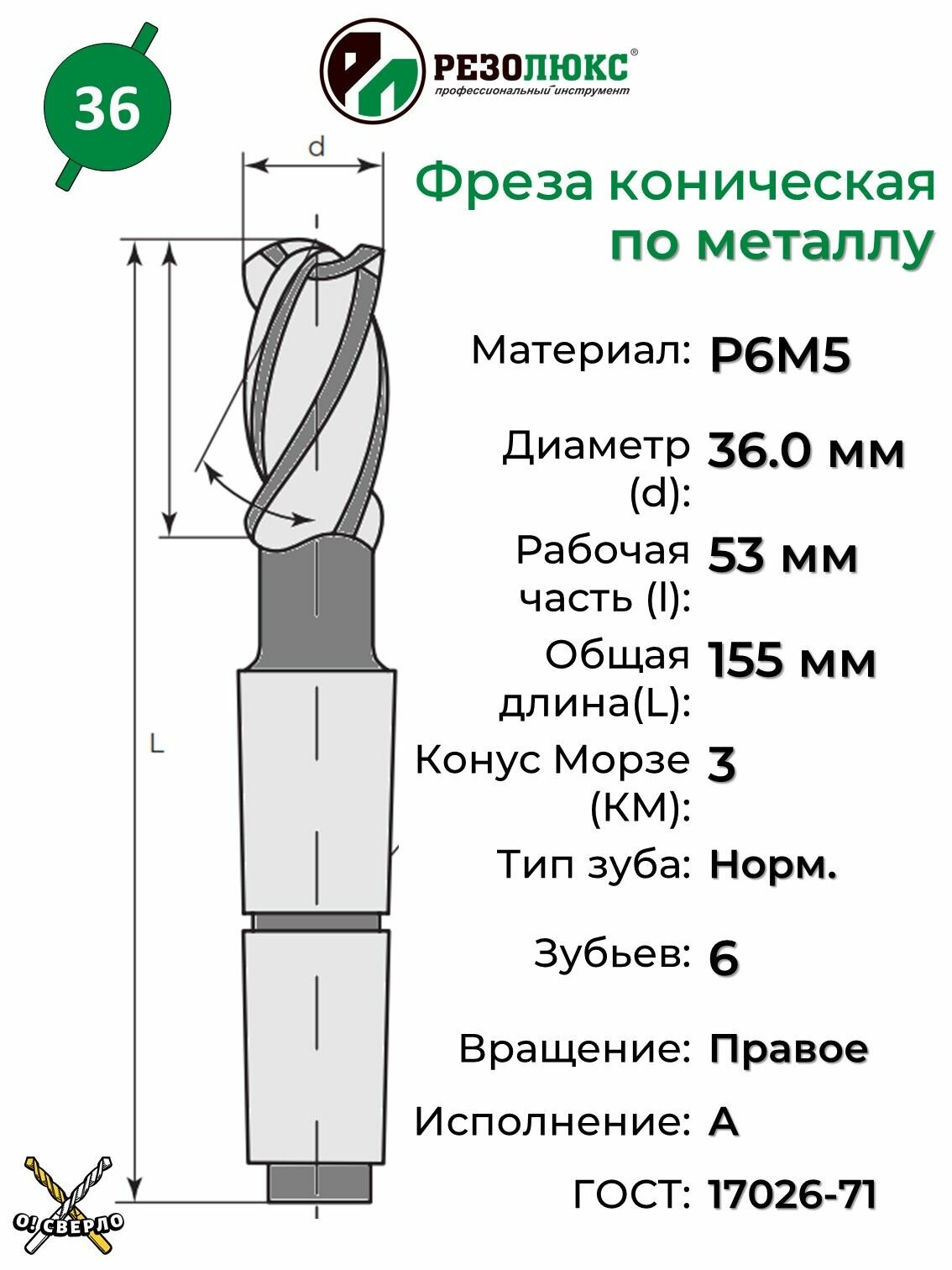 Фреза по металлу концевая 36 мм Z-6 КМ3 резолюкс