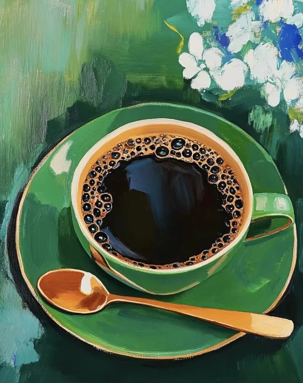 Живопись "Кофе в зеленой чашке" 30x40см, Темно-зеленый, Red