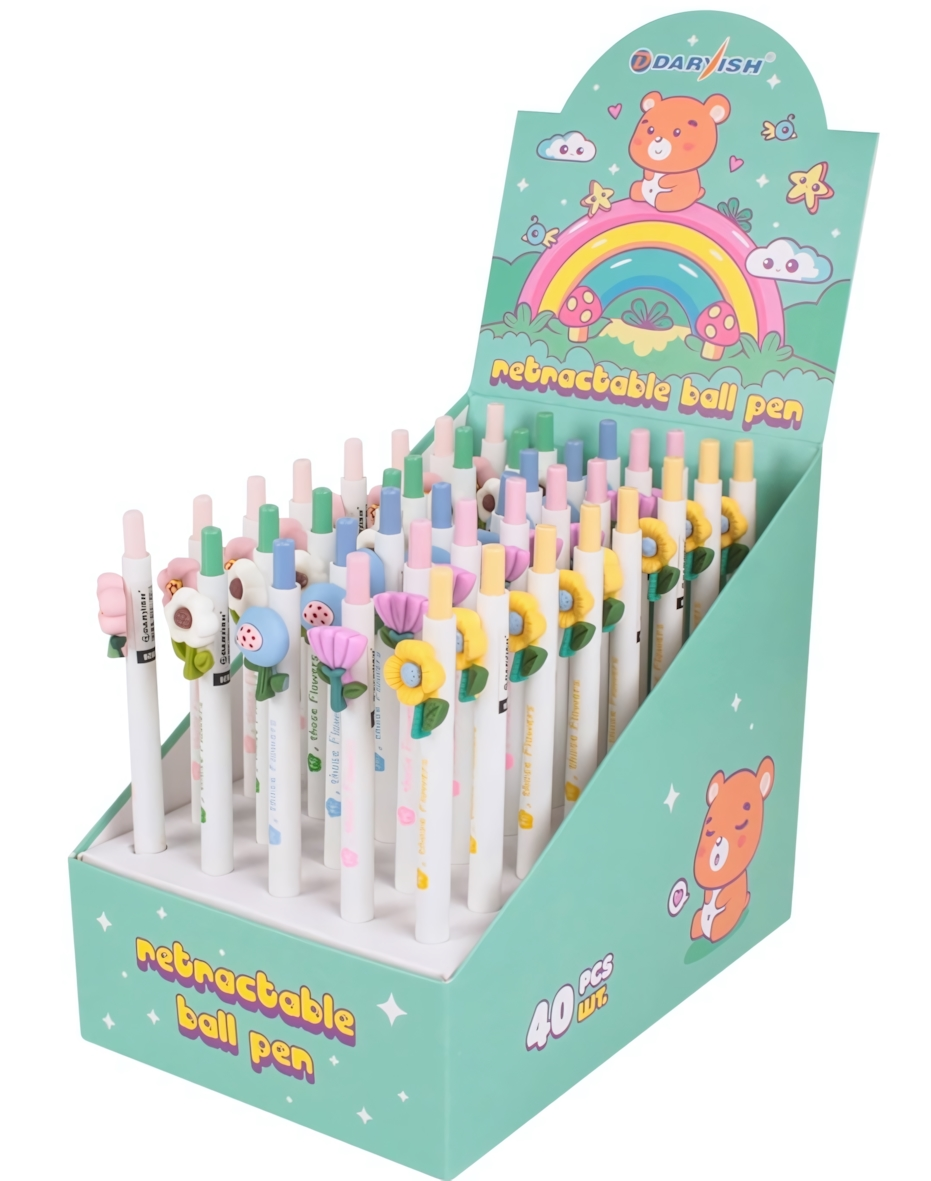 Ручка шариковая автоматическая flowers, синяя, 0,5 мм, белый корпус, разноцветный принт, 15 см