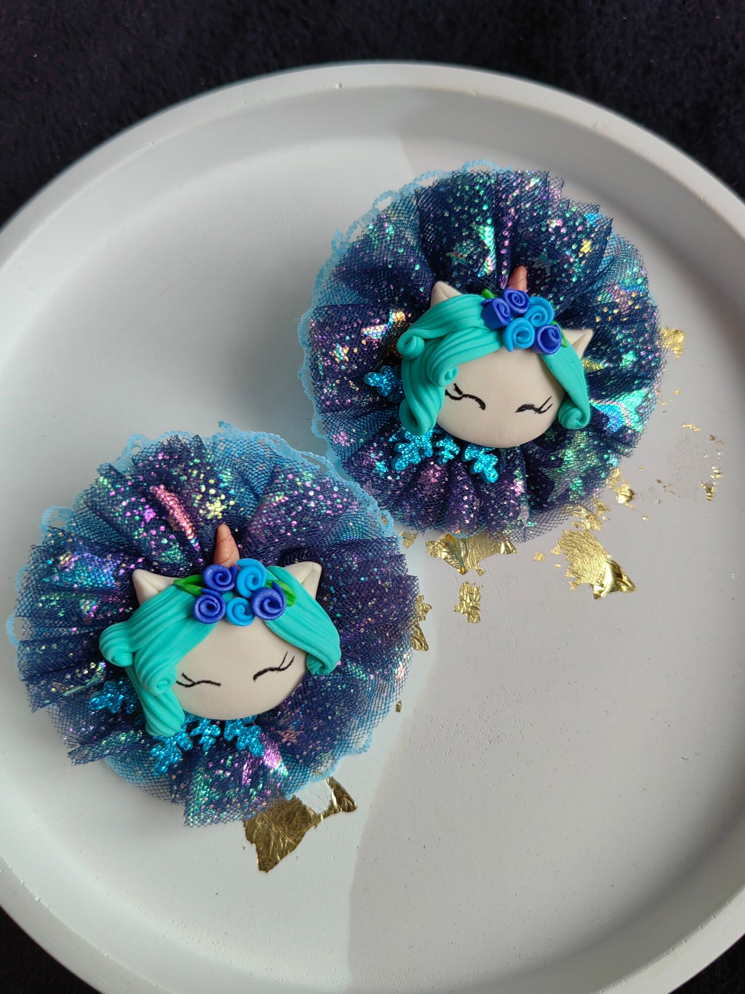 Бантики "Единорог" с куклами, ручная работа, из текстиля, полимерной глины, синий фатин
