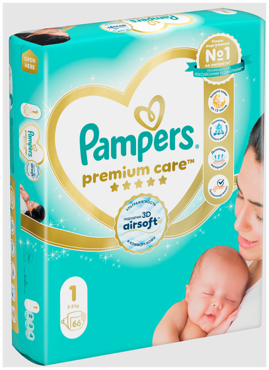 Подгузники Pampers Premium Care Newborn (2-5кг) экономичная упаковка 66 шт