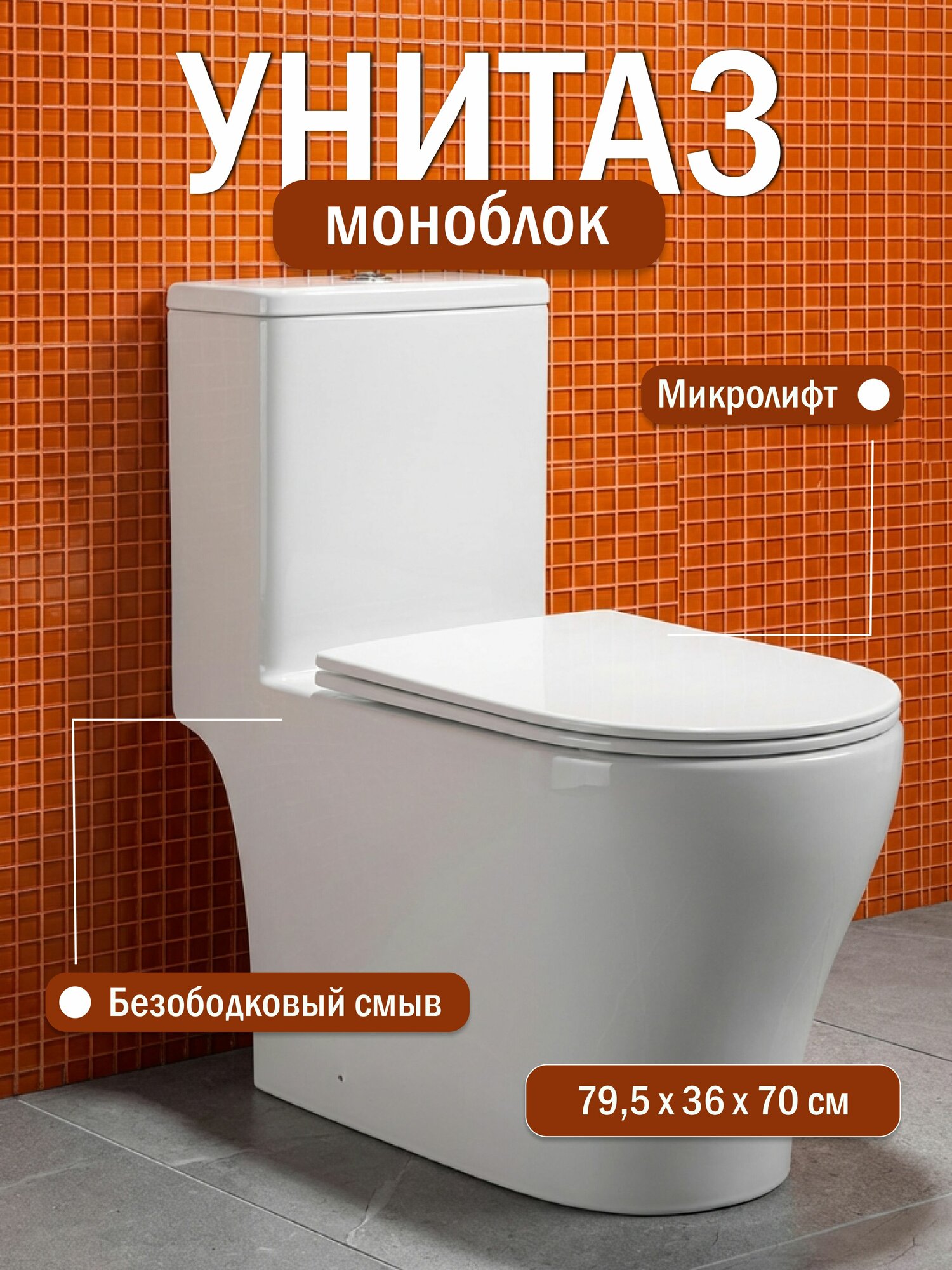 Унитаз напольный с бачком моноблок R-ELT-81833 безободковый, сиденье дюропласт с крышкой микролифт, белый с антибактериальным покрытием