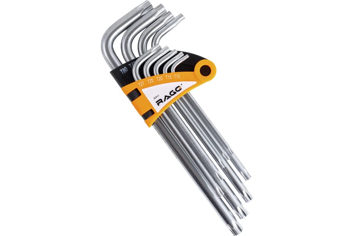 Набор угловых торцевых ключей RAGE 9 шт (T10–T50) из хром‑ванадиевой стали CrV
