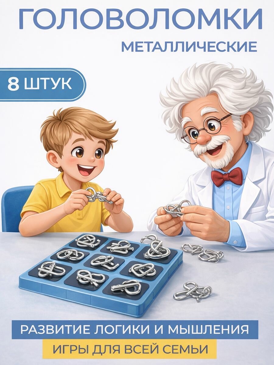 Головоломки металлические для детей и взрослых набор 8 штук