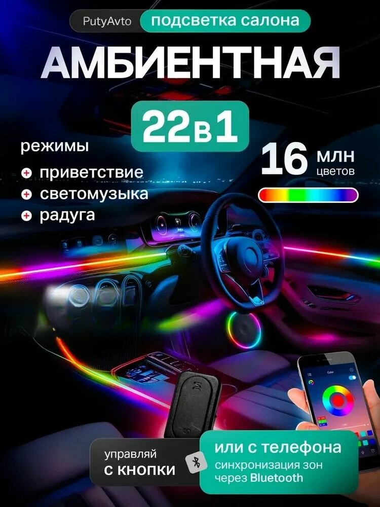 Черная контурная подсветка в салон авто Ambient Light 22в1