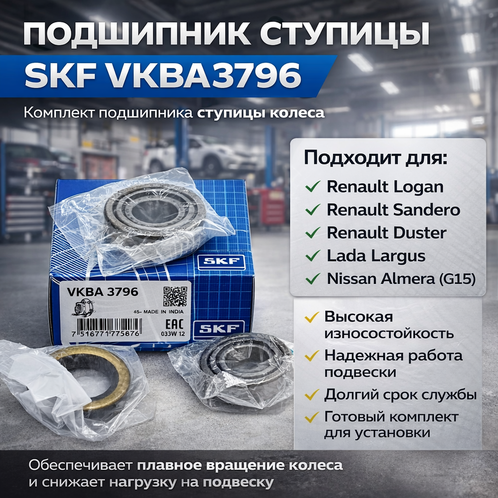 Подшипник ступицы SKF VKBA3796 Renault Logan Sandero Duster Lada Largus Nissan Almera G15