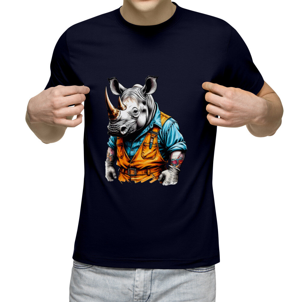 Мужская футболка «Носорог строитель» (темно-синий, 3XL)