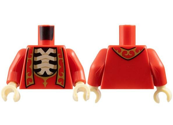 Деталь Lego 973pb5828c01 Torso Robe with Gold Stole and Trim, Open Chest with Tan Spine and Ribs Pattern / Red Arms / Tan Hands