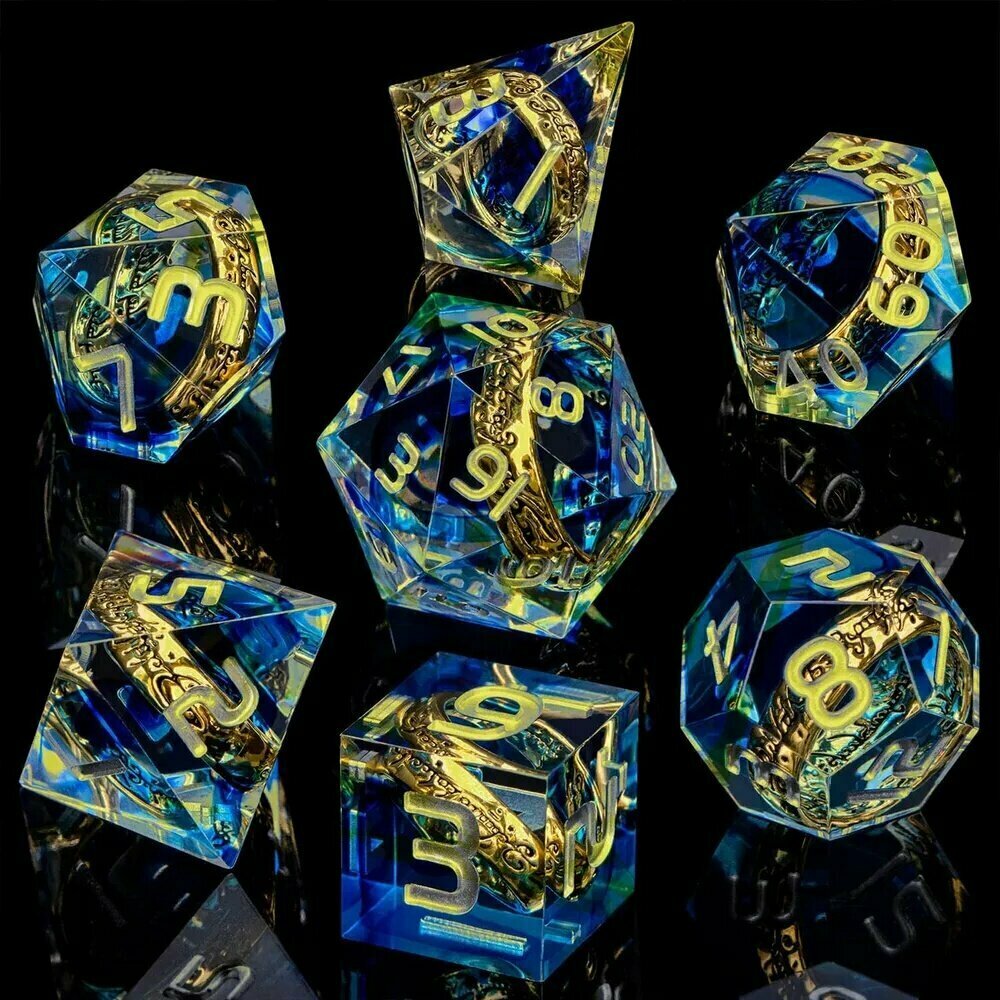 Кубики ДнД с кольцом: Синие дайсы для Dungeons & Dragons, набор из 7 кубиков для DnD, кости игральные из смолы с острыми гранями