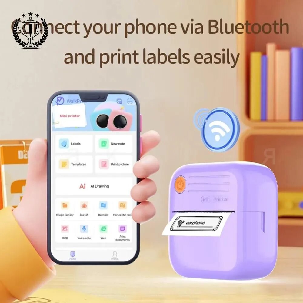 Мини-принтер термо портативный для печати наклеек, фото, этикеток по Bluetooth, фиолетовый — фото 1